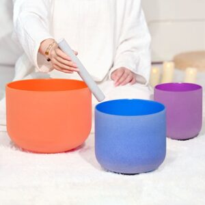 cvnc set of 3 pcs colored 6" b note 8" g note 10" d note frosted quartz crystal singing bowl for sound healing meditation