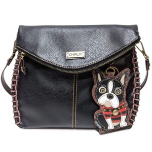 chala charming crossbody bag shoulder handbag with flap top and zipper black -(boston terrier)