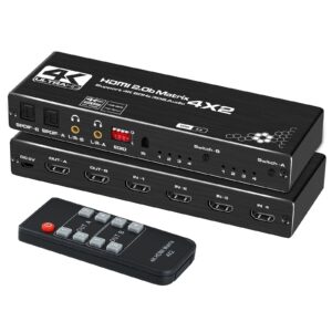 avedio links 4k@60hz 4x2 hdmi matrix switch, hdmi 2.0b matrix switch 4 in 2 out, 4k hdmi switcher splitter + optical and l/r audio output, scaler edid with remote, hdcp2.2, hdr 10