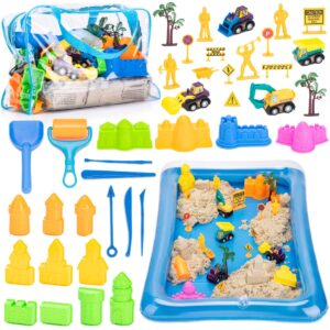 play sand for kids, 3lbs magic sand, building castle molds tools, construction trucks, toys and signs, tray storage bag, 43pcs sandbox set toddlers kids boys grils