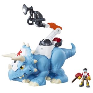 chomp squad playskool doc tops and sam scrubs, triceratops dinosaur toy and hero action figure, ambulance toy for kids 3 years and up