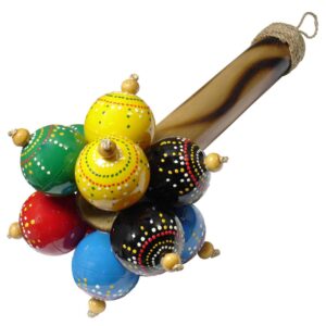 maracas bunga - this percussion instrument is created using ping pong balls and attached to a bamboo handle. the ping pong balls are hand painted