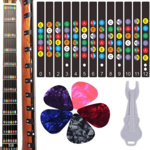 guitar fretboard stickers, kimlong color coded note decals fingerboard frets map sticker for beginner learner practice fit 6 strings acoustic electric guitars with 5 guitar picks & 1 bridge pin puller