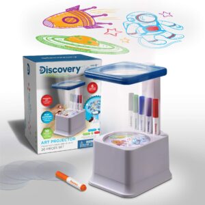 discovery kids art projector with six dry erase markers and 10 reusable drawing discs, draw on reusable transparent sheets, magnify and project art onto ceilings, walls, and more