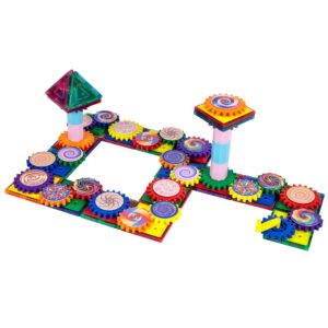 picassotiles 101 master builder magnetic building block toy set construction magnet tile blocks education toys with 22 optical illusion spinning disk, 27 gear wheels and engineering columns ptw101