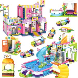 1373 pieces summer pool party time, hair salon toys building blocks set includes juice bar, cars building play kit,storage box, learning and roleplay gift for boys girls 6-12