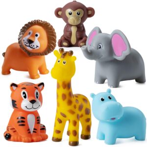 mini zoo animals - (pack of 12) vinyl rubber jungle safari animal figures, squeezable bath tub toys for kids, baby shower, birthday party supplies, favors, cake decor, table decorations