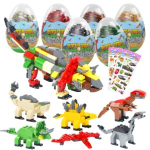 auryee 12pcs pre filled easter eggs dinosaurs party favors party supplies building blocks mini animal educational toy stacking block sets science stem gift for boys & girls kids age 6+