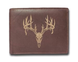 deer buck antlers skull hunting cowhide leather laser engraved engraving slimfold mens large capacity luxury wallet purse minimalist sleek slim brown credit card holder organizer 14 pocket with rfid