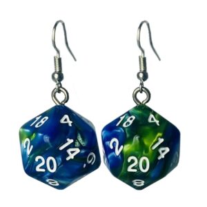 d20 / d10 polyhedral dice earrings - multicolored pearlescent swirl (d20 blue-green)