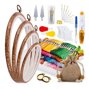 embroidery kit for kids and adults - complete 160-piece crossstitching kits for beginners - fun interactive embroidery family kit with 100 embroidery thread colors, pendant hoops and tool bag