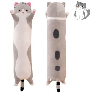 snowolf cute cat plush long body pillow, 43 inch cat stuffed animals plushie toy soft throw sleeping cotton kitten pillow gift for kids girls (gray, 43.3")