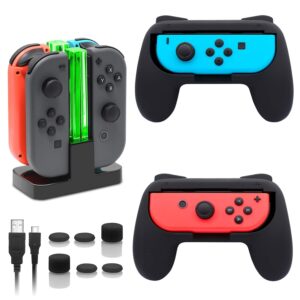 fastsnail charging dock and 2 pack switch grips kit for nintendo switch joy con & oled model, charger stand station with charging cable, wear-resistant grip controller with 6 thumb grip