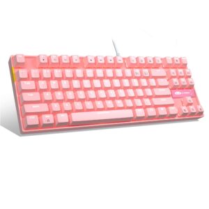 magegee mechanical gaming keyboard with blue switch, compact 87 keys wired computer keyboard for windows laptop pc gamer, led white backlit, pink