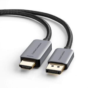 cablecreation active dp to hdmi cable hdr 4k@60hz 2k@144hz 1080p@144hz, 8ft unidirectional displayport to hdmi monitor cable, dp 1.4 to hdmi 4k braided, support eyefinity multi-display, aluminum