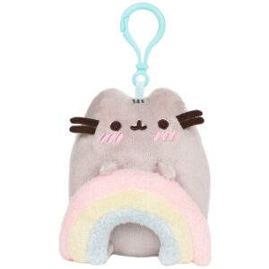 gund pusheen rainbow plush backpack clip, stuffed animal for ages 8 and up, gray/rainbow, 5”