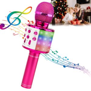 shinepick karaoke microphone, 4 in 1 wireless microphone with led lights handheld portable karaoke machine, home ktv player, compatible with android & ios devices(purple)