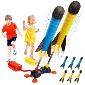 betheaces duel rocket launcher toy for kids - shoot up to 100 feet - 6 foam rockets & sturdy launcher stand - fun outdoor toy for kids year round play - gift toys for boys & girls age 3+ years old