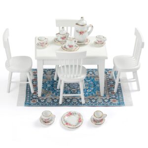 samcami miniature dollhouse furniture 1 12 scale - doll house furniture toys for dollhouse kitchen - wooden dollhouse furniture set incl dining table with chairs, tea set, carpet (white)