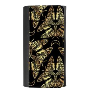 (golden death's head hawk moth) women's patterned leather buckle trifold wallet bag pouch holster with credit card holder insurance for smartphones