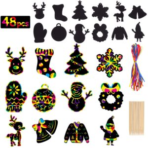 diyasy christmas scratch art paper,48 pcs crafts kits magic rainbow scratch cards for xmas tree ornaments and kids birthday decoration