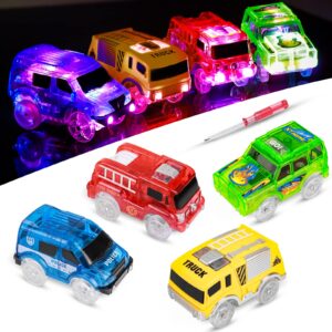 tracks cars replacement only - light up magic cars for tracks compatible with glow in the dark toy cars with 5 led flashing lights for most race tracks only toy cars track car accessories (4 pack)