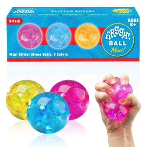 power your fun arggh glitter mini stress balls for adults and kids - 3pk squishy stress ball fidget toys, sensory toys and stress relief mini squishy toys squeeze ball toy (yellow, pink, blue)