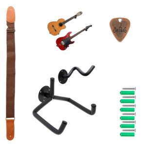 horizontal guitar wall mount with guitar strap and pick, padded wall hanger hooks for electric, acoustic guitars, bass or mandolin