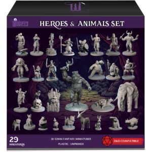 wildspire heroes, npc animal companions & troll king for dnd miniatures bulk 28mm-32mm dnd minis dungeons and dragons miniatures d&d miniatures fantasy figures unpainted pathfinder miniatures