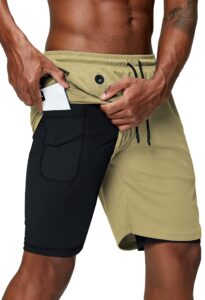 pinkbomb men's 2 in 1 running shorts gym workout quick dry mens shorts with phone pocket (khaki, medium