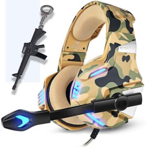 camo gaming headset for ps4 xbox one pc, pro camouflage over ear gaming headphones noise canceling mic stereo bass surround sound for nintendo mac laptop,gun keychain gift for teenager (camo)