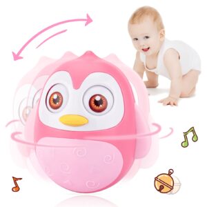 unih roly poly baby toys 6 to 12 months developmental, tummy time wobbler toy for baby, penguin tumbler wobbler toys for infant boy girl gifts (pink)