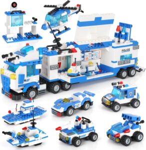 wishalife city police mobile command center truck building toy, w/police car, airplane, boat, gifts for 6 plus year old kids, boys, girls (1338 pcs)