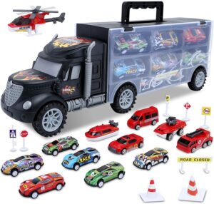 haenple toddler toys for 3-5 year old boys,cars truck toys transport carrier set,valentines day gifts for kids,die-cast vehicles includes 12 mini toy cars easter gifts for kids boy age 3-7