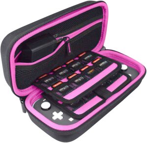 takecase carrying case compatible with nintendo switch lite - includes pouch that fits adapter/charger, accessories, and 16 games storage - perfect for travel - pink/black