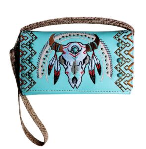 texas west western native longhorn skull embroidered feather embroidery crossbody small pouch wallet (wine)