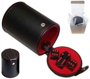 set of dice cup with storage compartment black pu leather red felt lined + (5) 16mm tranparent dice (gift boxed) (smoke/red)