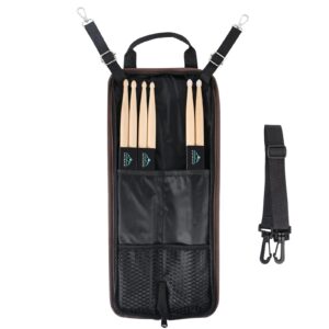 eastrock drum sticks bag with 3 pair drumsticks, drumstick bag with floor tom hook, carrying strap (brown)