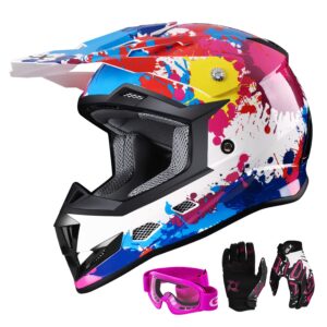 glx gx623 dot kids youth atv off-road dirt bike motocross mx motorcycle full face helmet combo gloves goggles for boys & girls (graffiti, x-large)