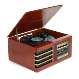 victrola ellington bluetooth record player with 3-speed turntable, fm radio, cd player, cassette player, aux/headphone jack, solid wood construction, built-in speaker