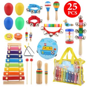 toys for toddlers, 25 pcs wooden musical percussion instruments, preschool educational learning tambourine xylophone toys for toddlers kids children with storage