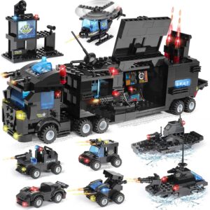 wishalife 1100 pieces city police station building kit, swat mobile command center truck building toy with police car, airplane, boat, fun roleplay police toys gift for boys girls aged 6-12