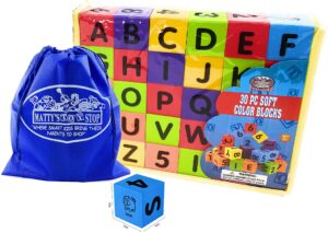 deluxe 2" eva foam colorful building blocks (30 pcs) featuring abc's, numbers & pictures with bonus matty's toy stop storage bag