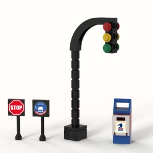 building bricks toys city town village street main road arch traffic light, stop sign, bus stop, post box, road sign, 4 pcs playset. for kids 4+ plastic