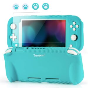 teyomi protective case compatible with nintendo switch lite, silicone protective cover for nintendo switch lite with tempered glass screen protector, 4 pcs thumb grips & 2 game cartridges(light blue)