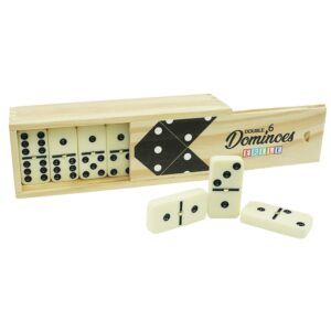 erlle dominos set game. premium classic 28 pieces double six domino. durable wooden box. kids, boys, girls, party favors and anytime use. duoble 6 dominoes.(wooden pro)