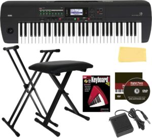 korg i3 music workstation - matte black bundle with adjustable stand, bench, sustain pedal, instructional book, austin bazaar instructional dvd, and polishing cloth