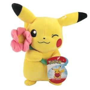 pokémon 8" pikachu with flower plush - officially licensed - quality & soft stuffed animal toy - add to your collection! - gift for kids & fans of pokemon