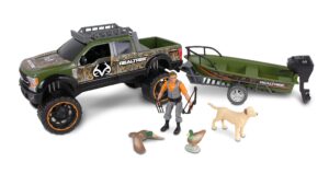 nkok realtree camo 1/18 scale free-wheel playset 11-pc, ford f-250 super duty w/fishing boat & trailer & accessories: roof rack, light bar, working doors & tailgate, hunter, dog, 2 ducks, bow&arrows