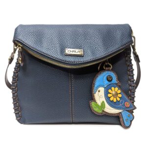 chala charming crossbody bag - flap top and metal key charm in navy blue, cross-body or shoulder (coin purse_blue bird)